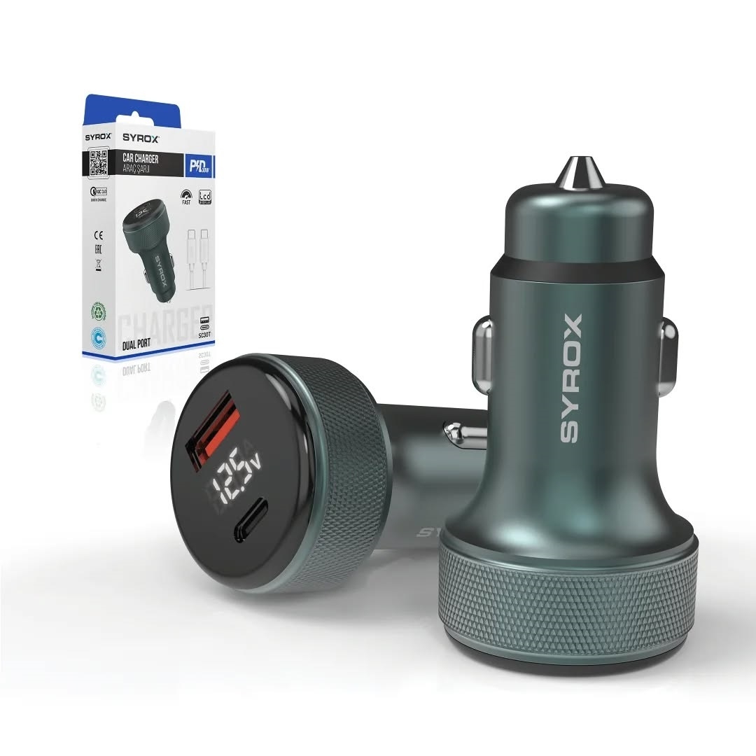 SYROX PD 30W Brzi Auto Punjač | USB-A i Type-C | LCD Zaslon | Type-C ...
